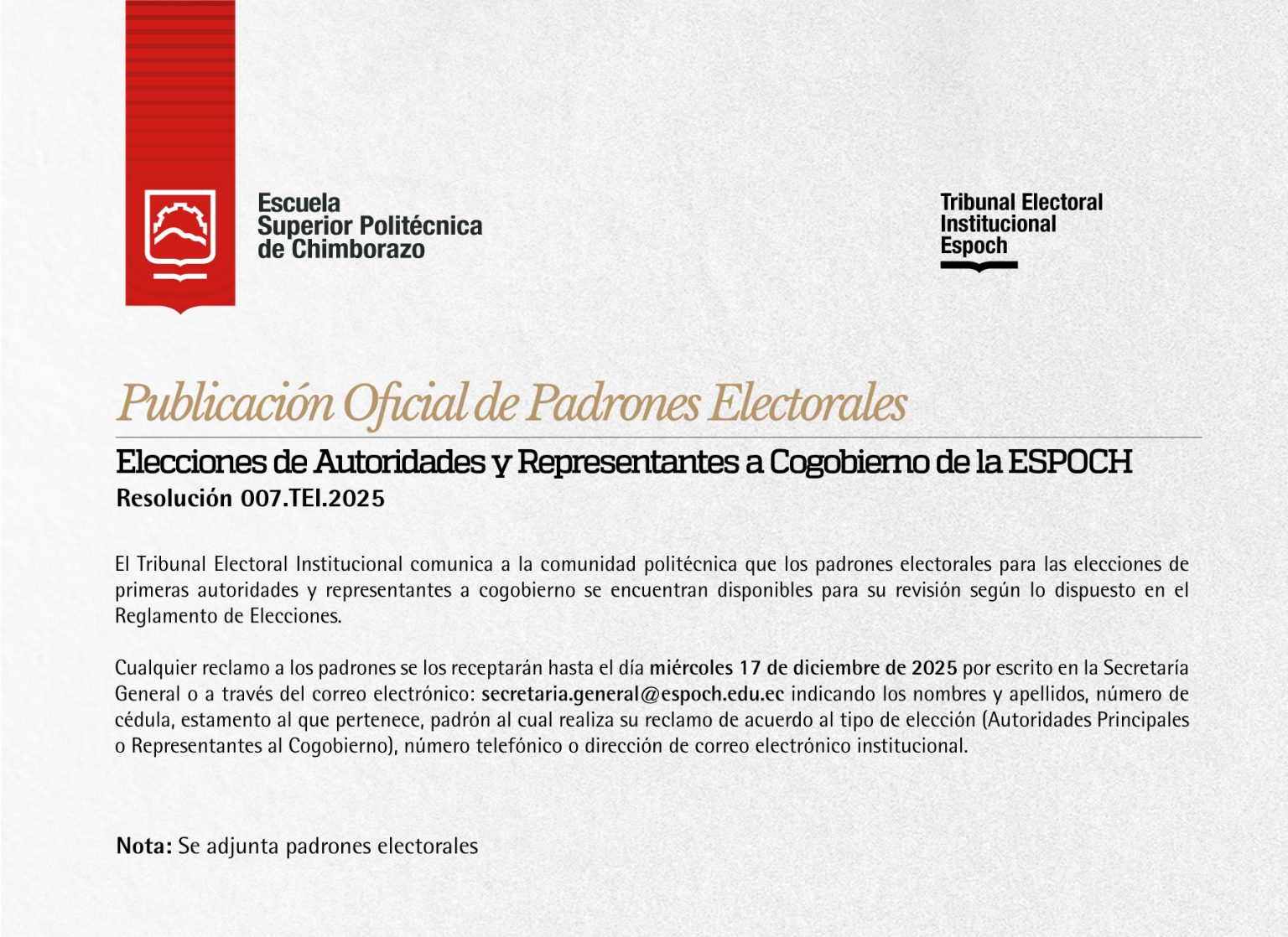 PUBLICACIÓN OFICIAL DE PADRONES ELECTORALES - ESPOCH｜ESCUELA SUPERIOR ...